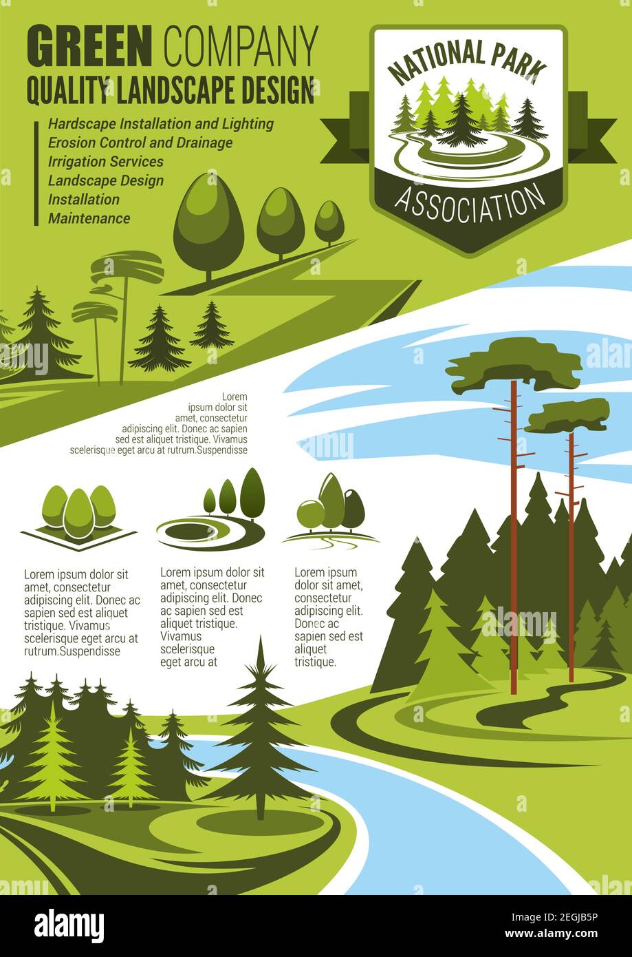 Landscape design green company poster with badge of national park ...