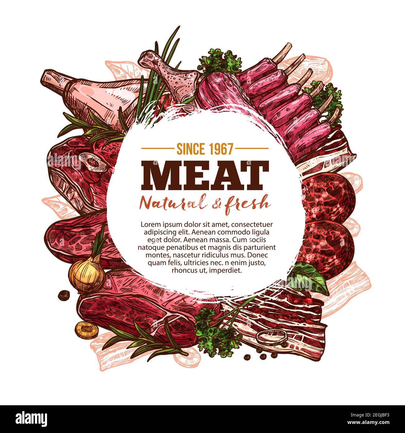 Fresh meat poster with beef, pork and chicken meat. Beef steak, pork ...