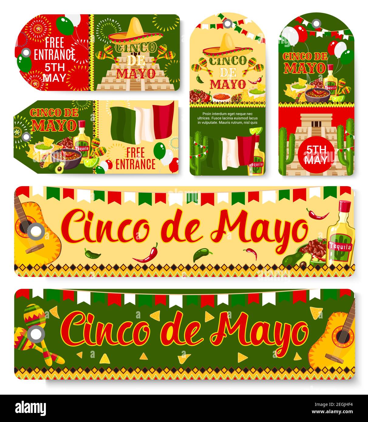 Cinco de Mayo Mexican holiday fiesta celebration tags with greetings ...