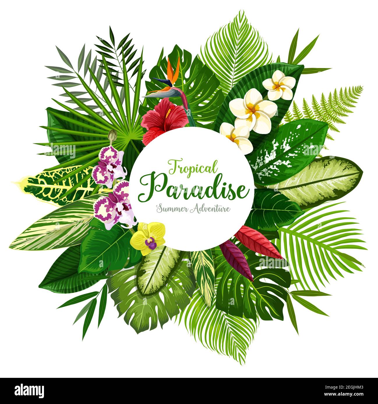 Summer holidays banner of tropical palm leaf and hawaiian flower ...