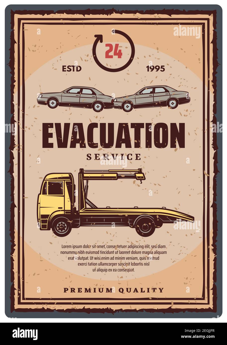 Wrecker truck with evacuated car retro-style poster. Towing truck ...