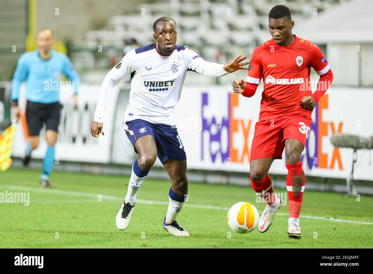 ANTWERPEN, BELGIUM - FEBRUARY 18: Glen Kamara of Rangers FC and Buta of ...