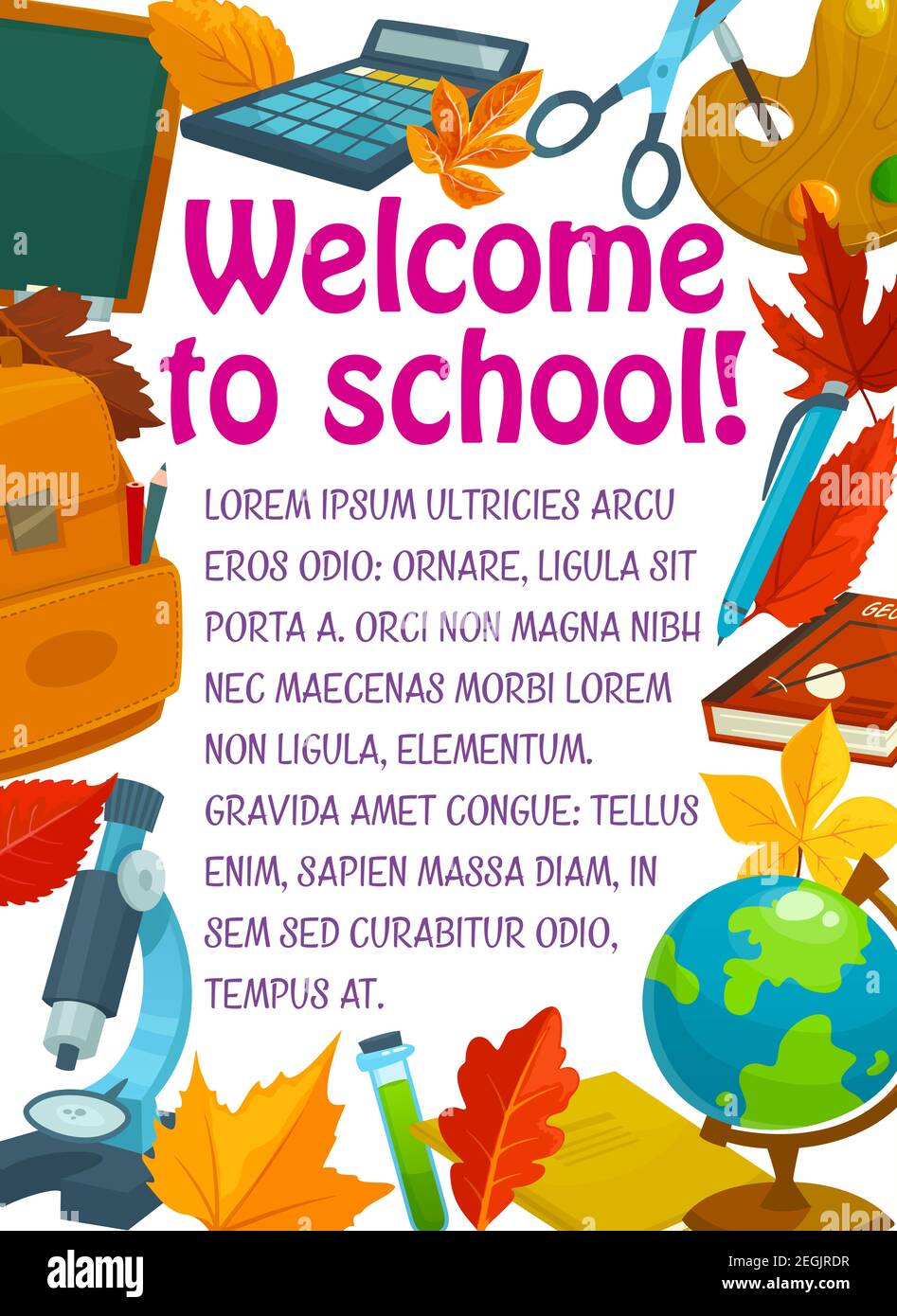 Welcome to School poster of school bag, geography globe or biology ...