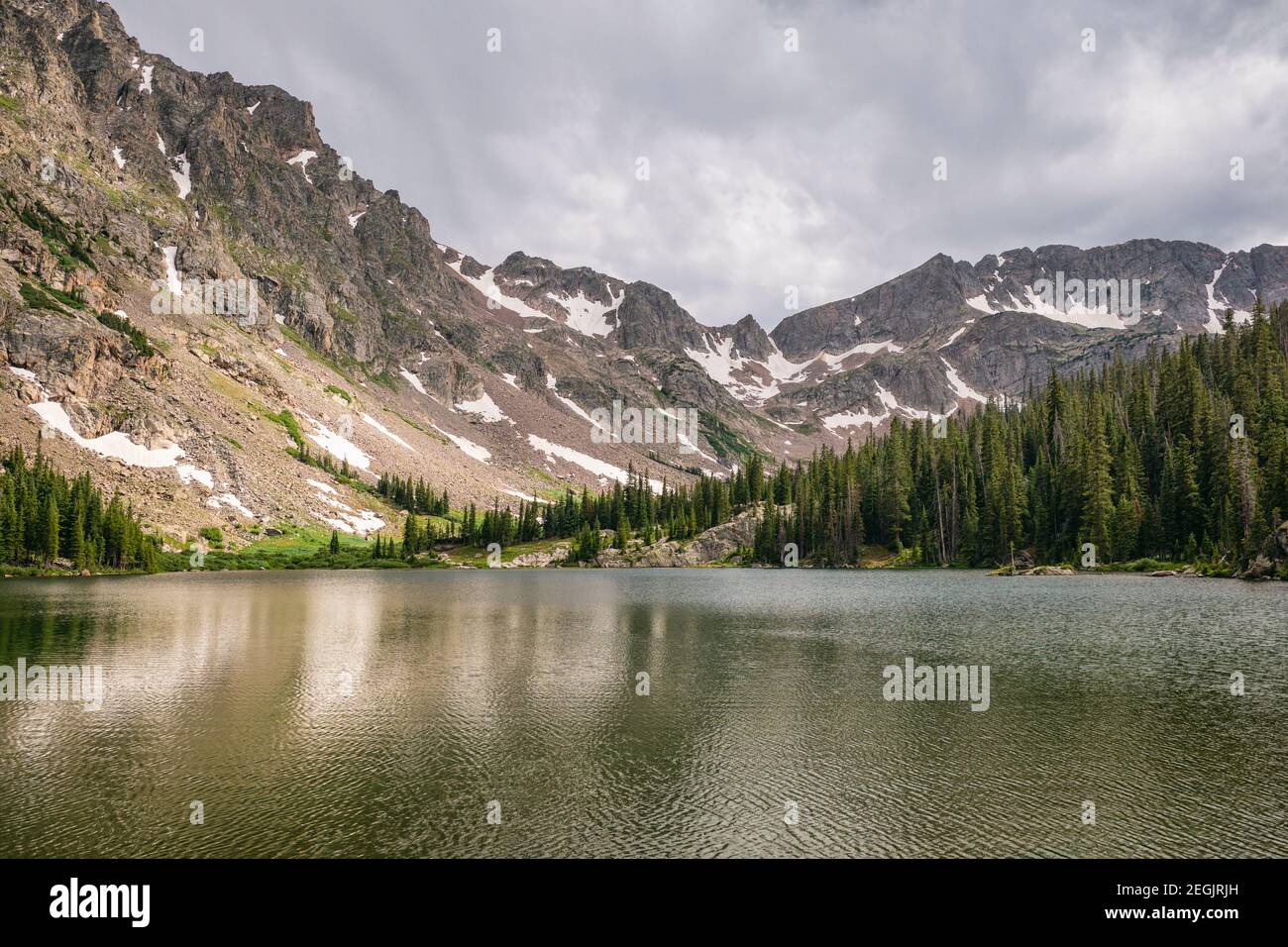 View from the shore of Upper Boulder Lake of the Gore Range Mountains ...