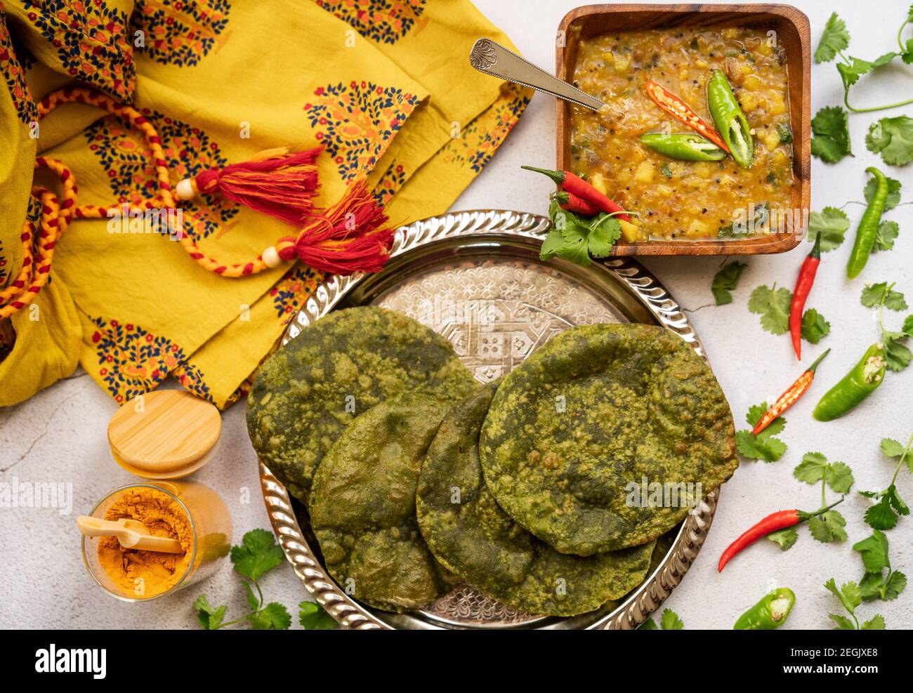 Indian Poori with spinach with a side of potato onion masala Stock ...