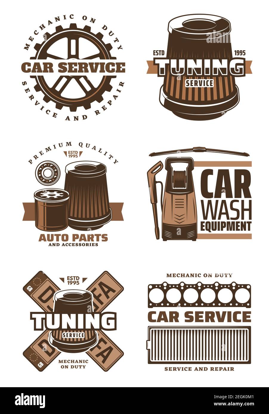 Car service and auto part repair shop retro symbol set. Gear wheel ...