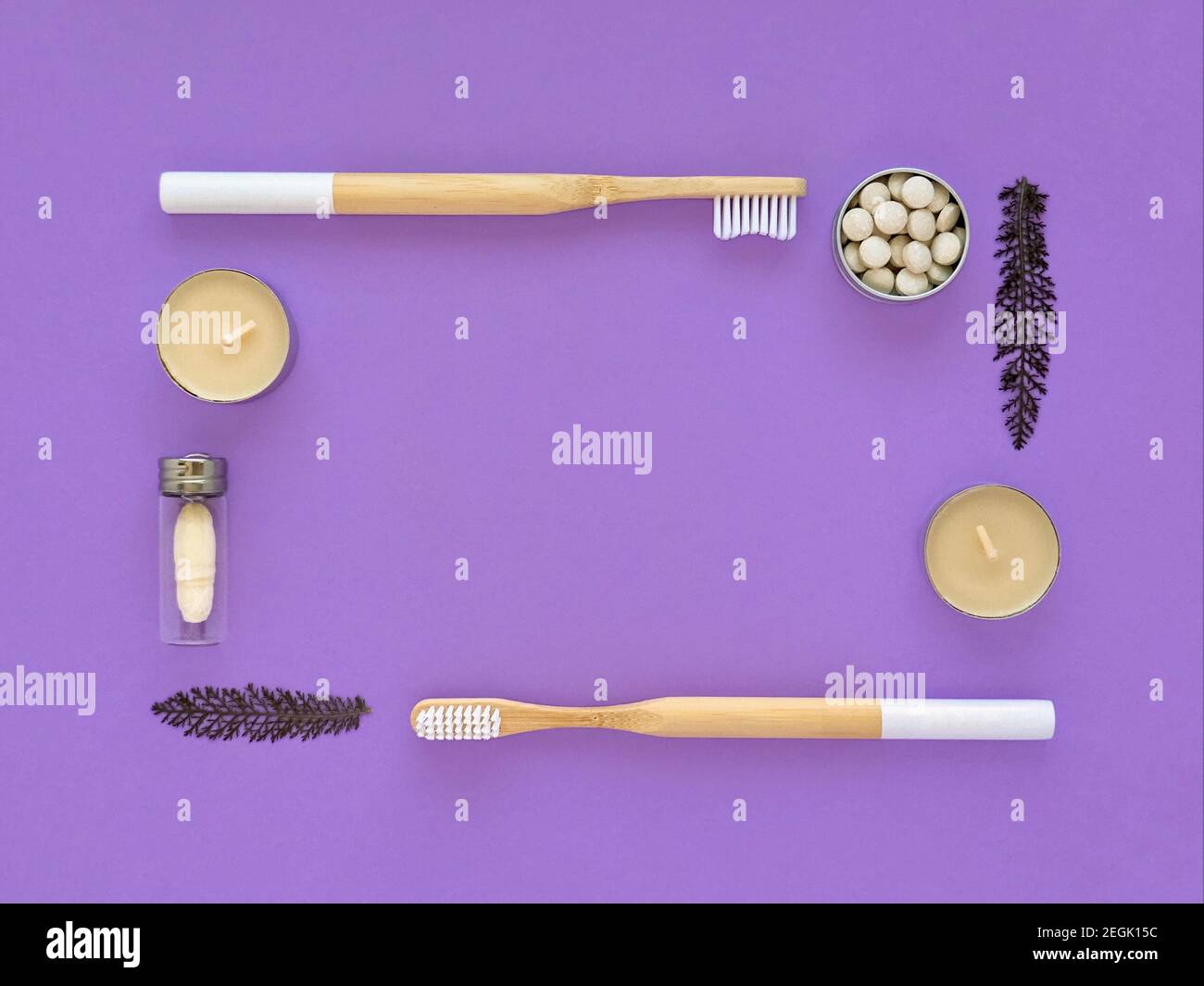 Bamboo toothbrushes, toothpaste, dental floss. Rectangular frame Stock ...