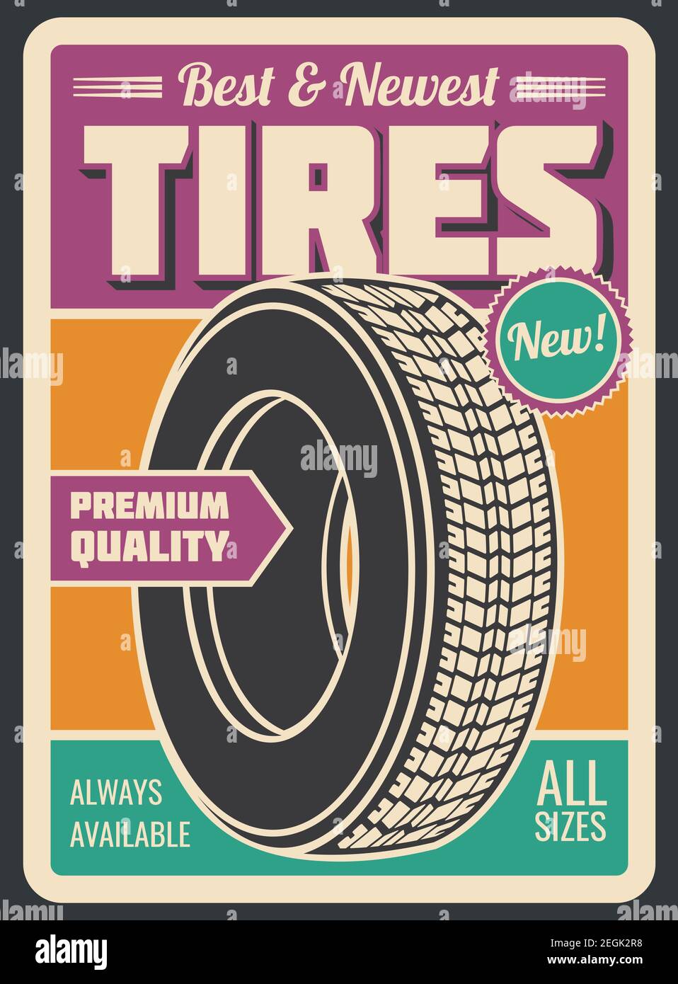 Tires shop vector poster in retro style. Vintage poster with car tires ...