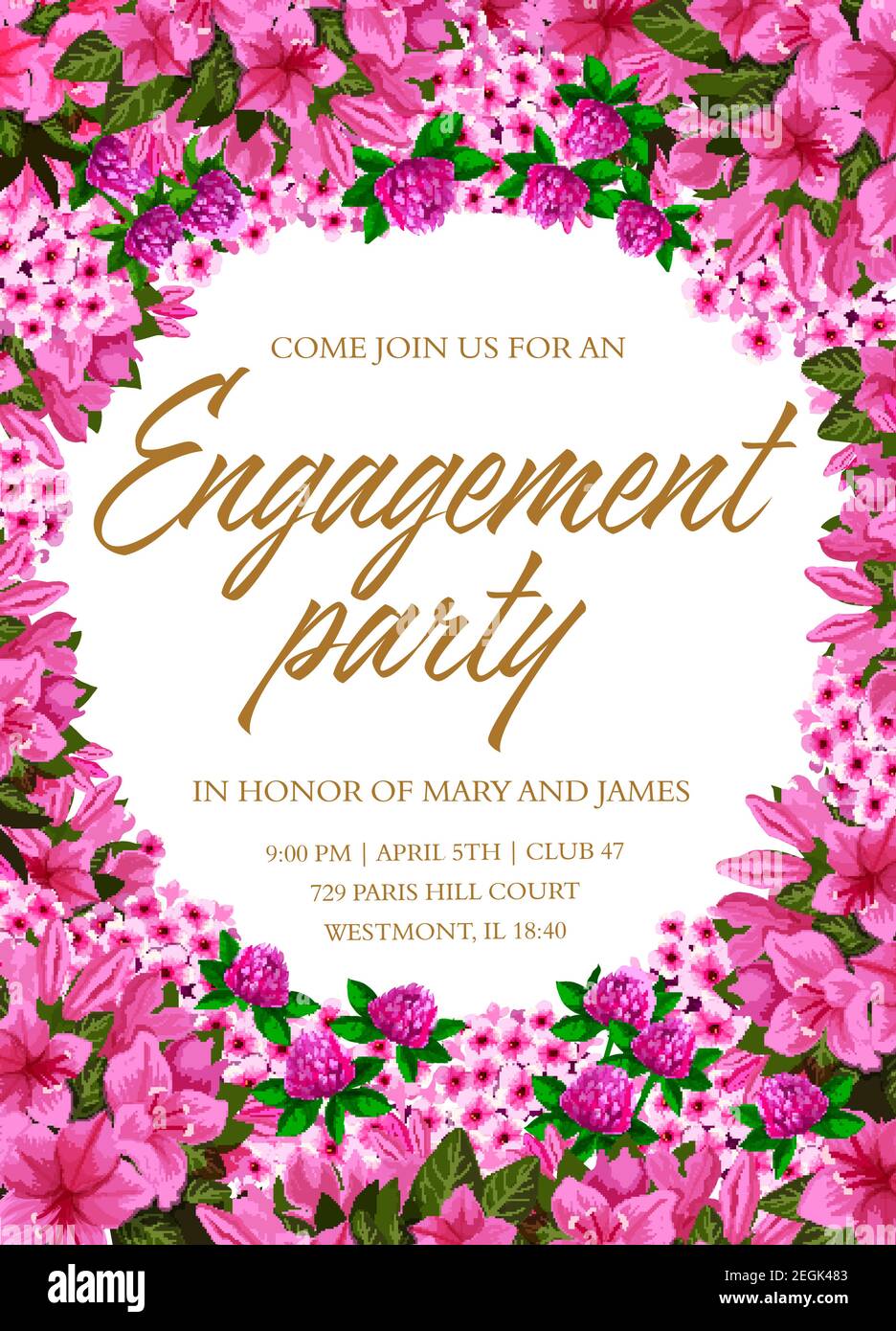 Engagement party invitation template with floral frame. Spring flower ...