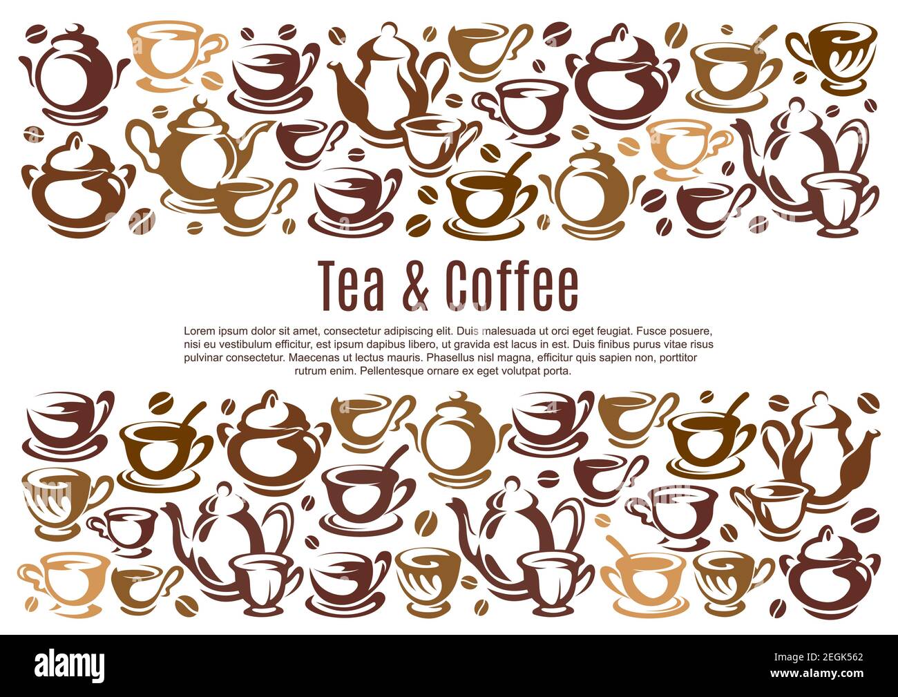 Tea and coffee vector poster with beans and cups. Icons of kettle and ...