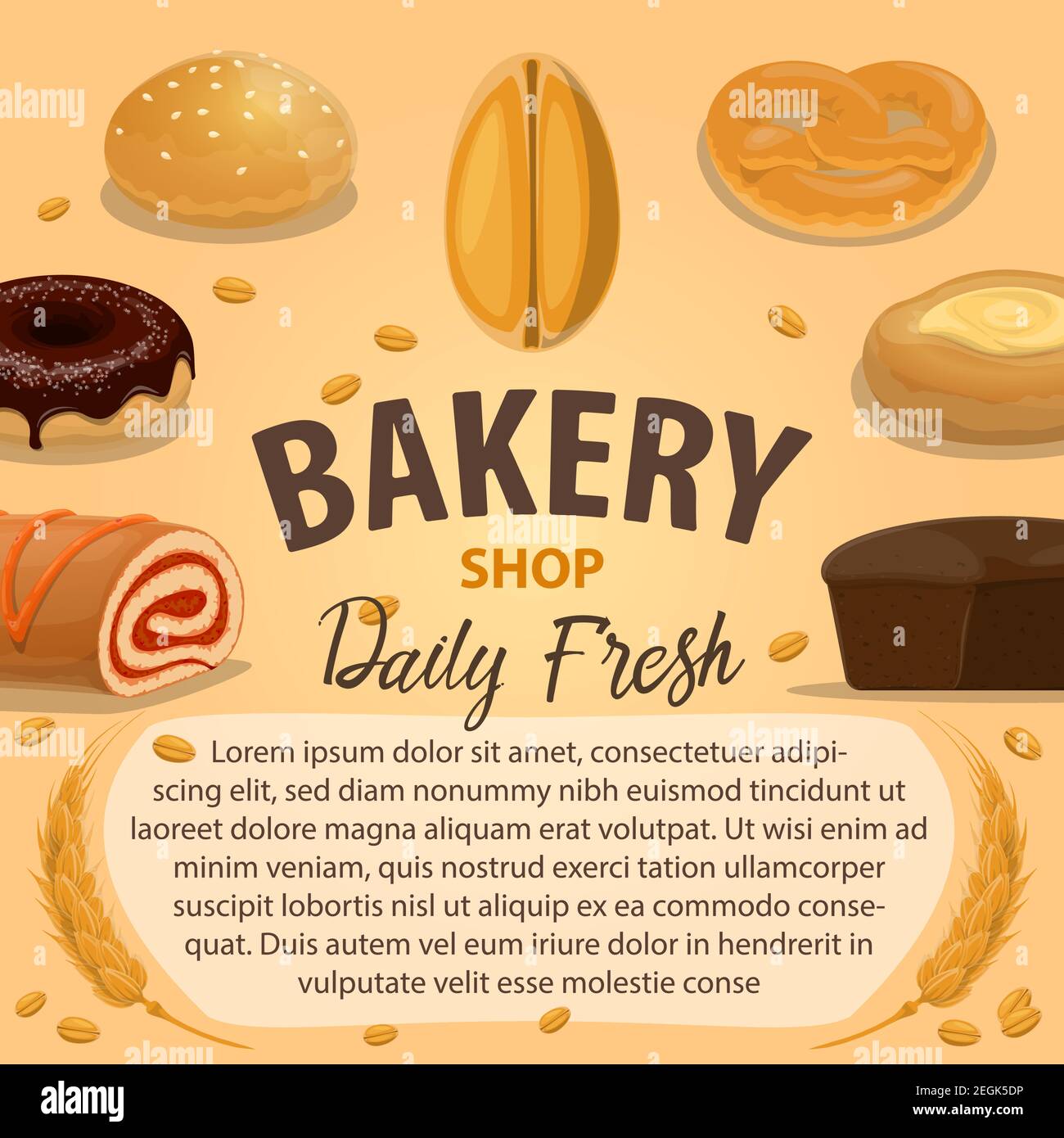 Bakery or patisserie poster of bread and sweet desserts. Vector bun ...