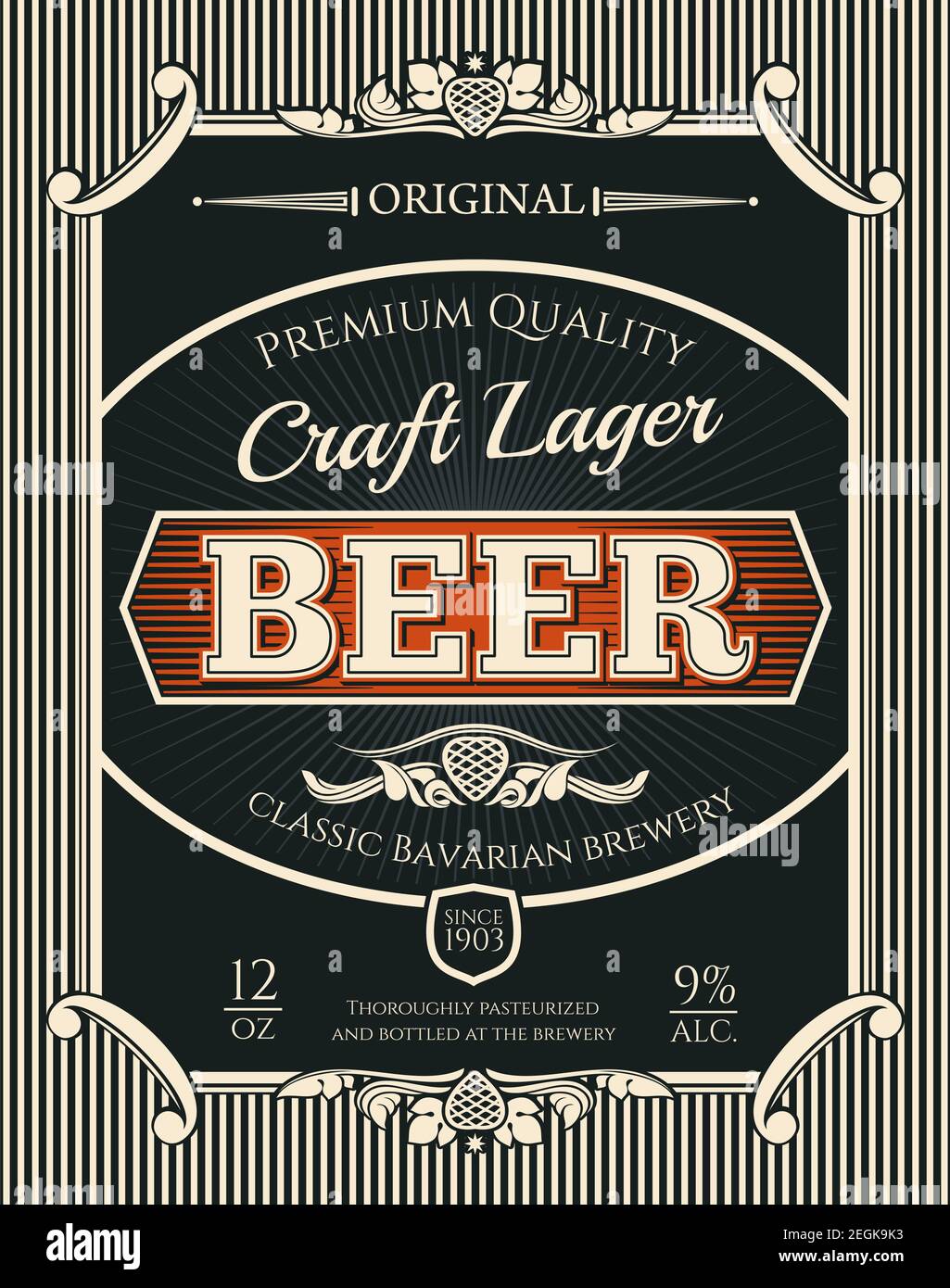 Beer alcohol drink bottle label of bavarian brewery craft lager. Beer ...