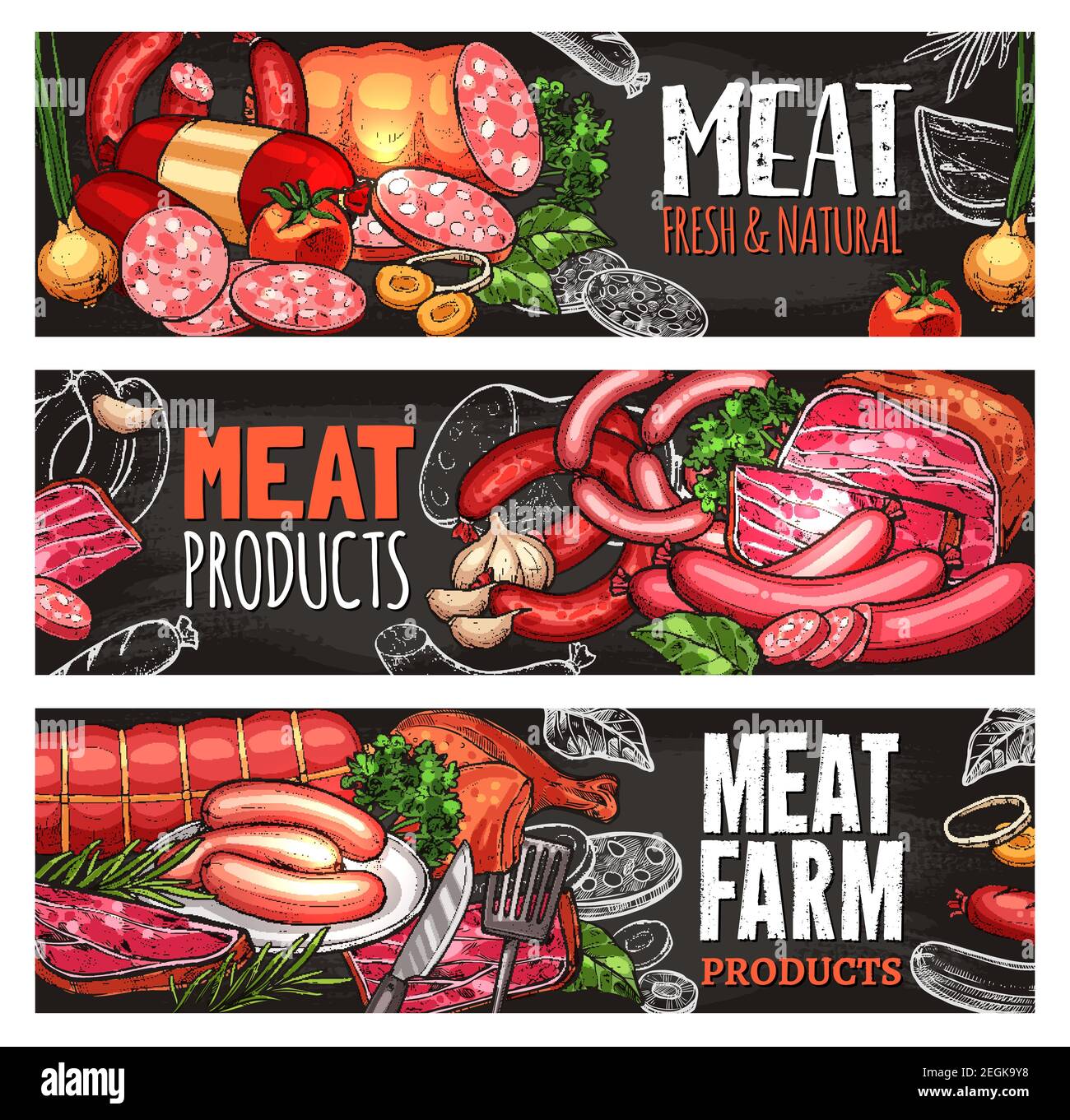 Meat and sausage chalkboard banner with farm food product. Beef and ...