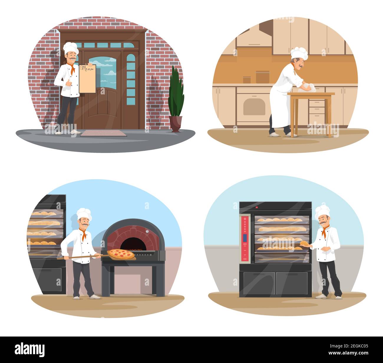 Baker at work cartoon icon set for bakery, pizzeria and pastry shop ...