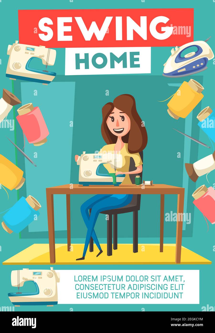 Woman sewing with sewing machine banner. Housewife sewing clothes at ...