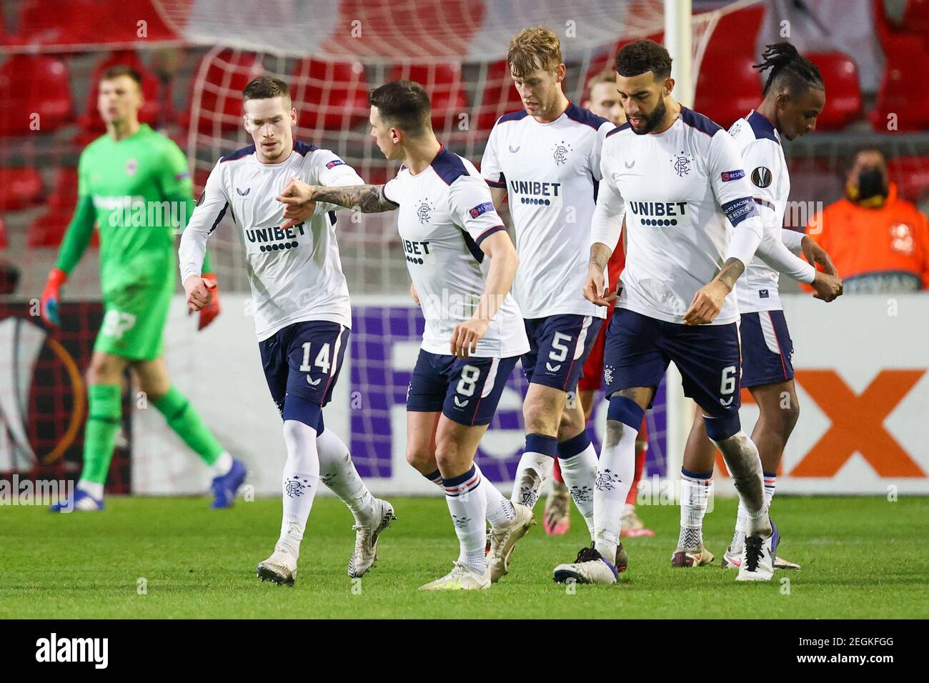 ANTWERPEN, BELGIUM - FEBRUARY 18: Team of Rangers FC celebrating goal ...