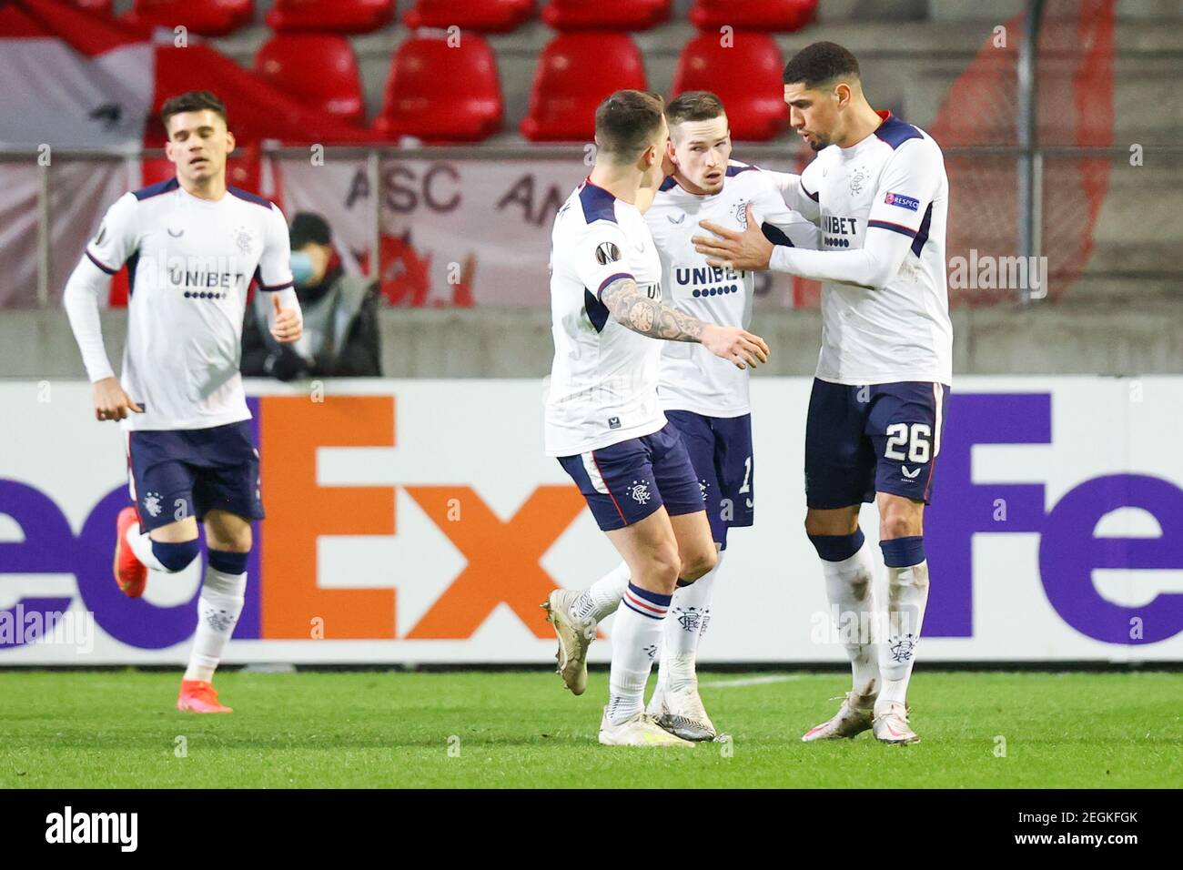 ANTWERPEN, BELGIUM - FEBRUARY 18: Team of Rangers FC celebrating goal ...
