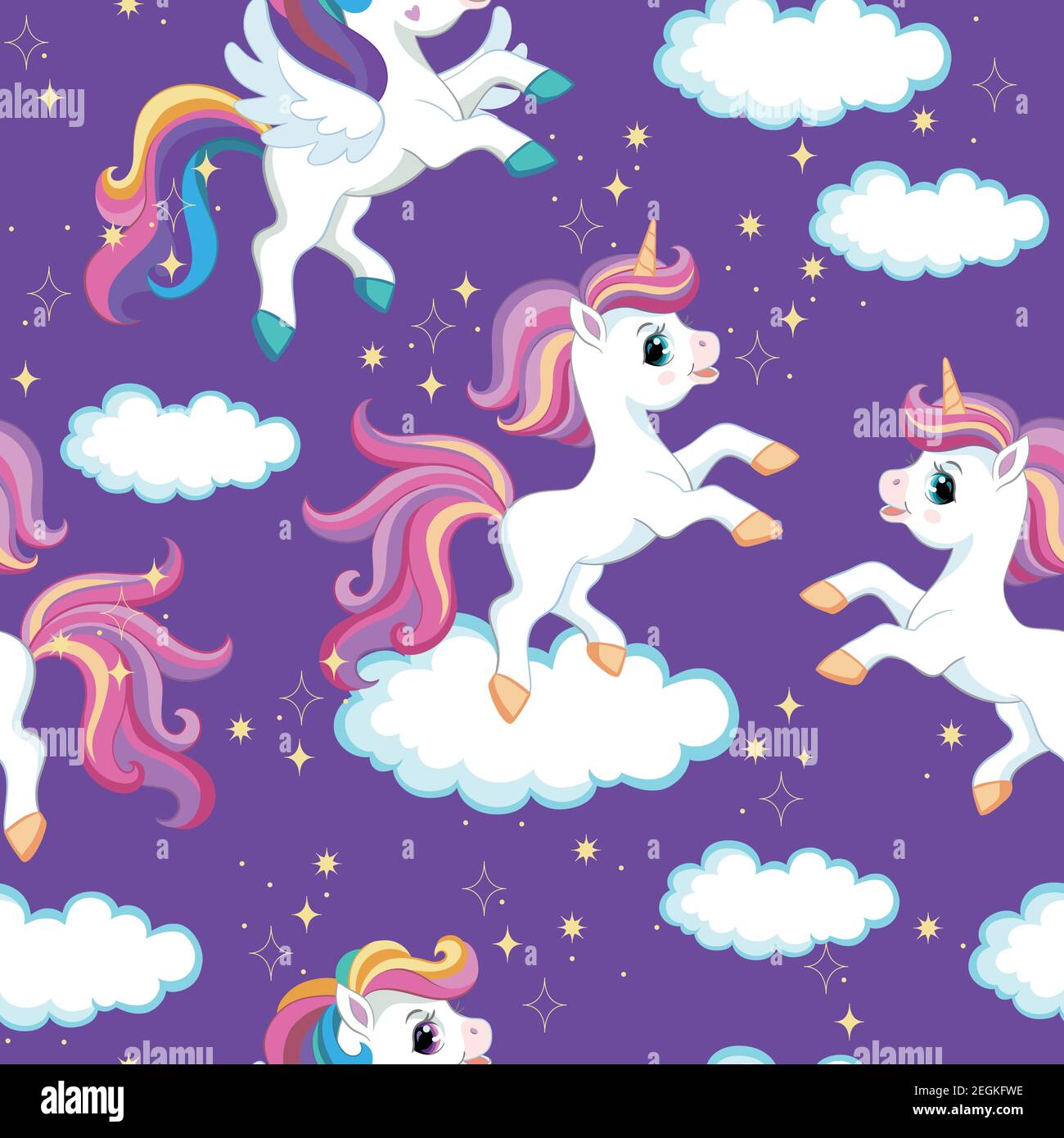 Seamless vector pattern with cute cartoon character unicorn with clouds ...