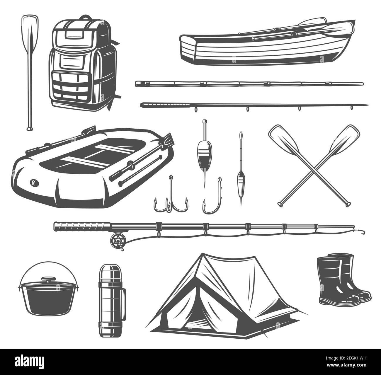 Fishing sport equipment sketch set of fisherman tackle and tool ...