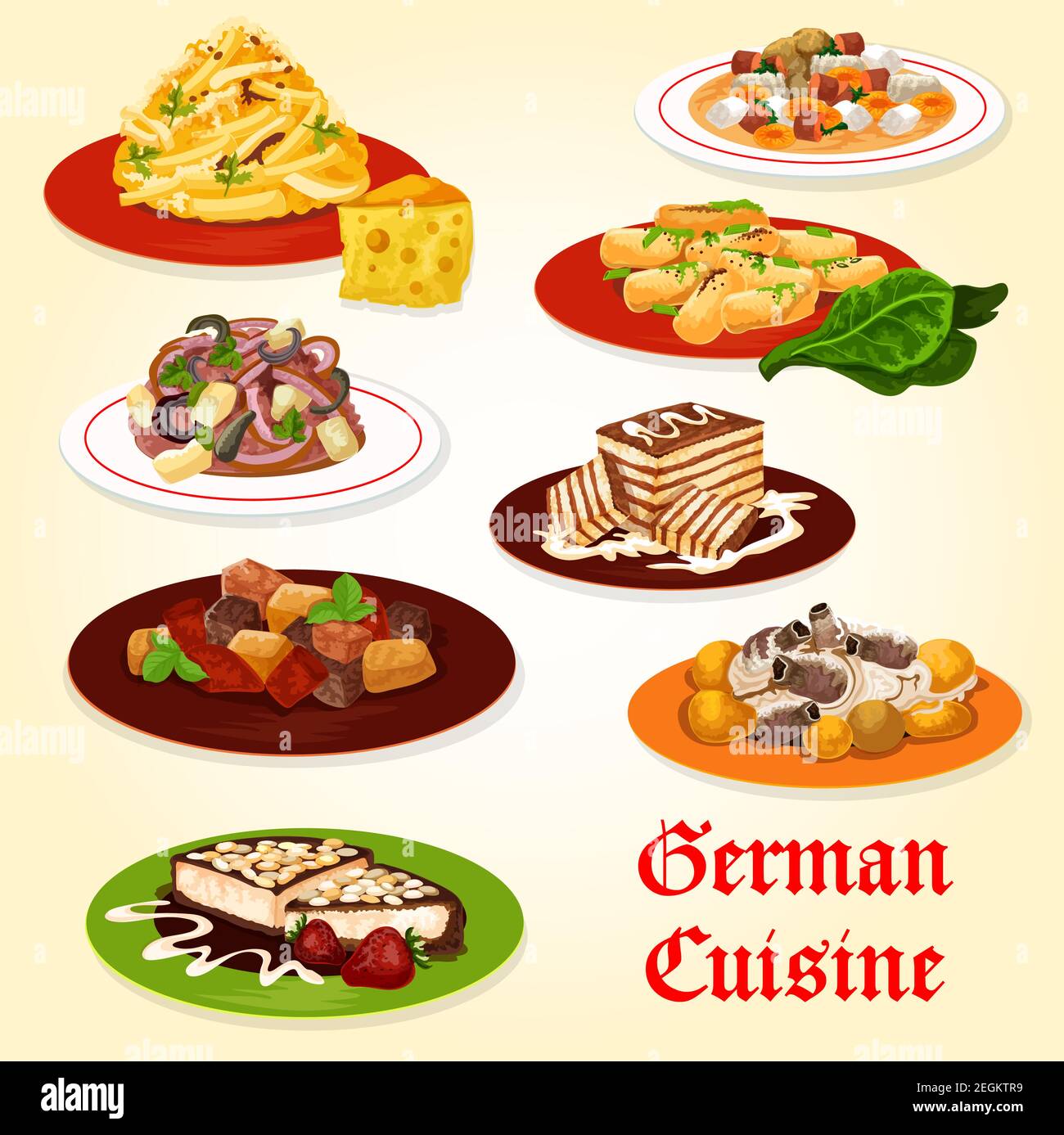 German cuisine icon of bavarian food dinner with dessert. Potato ...