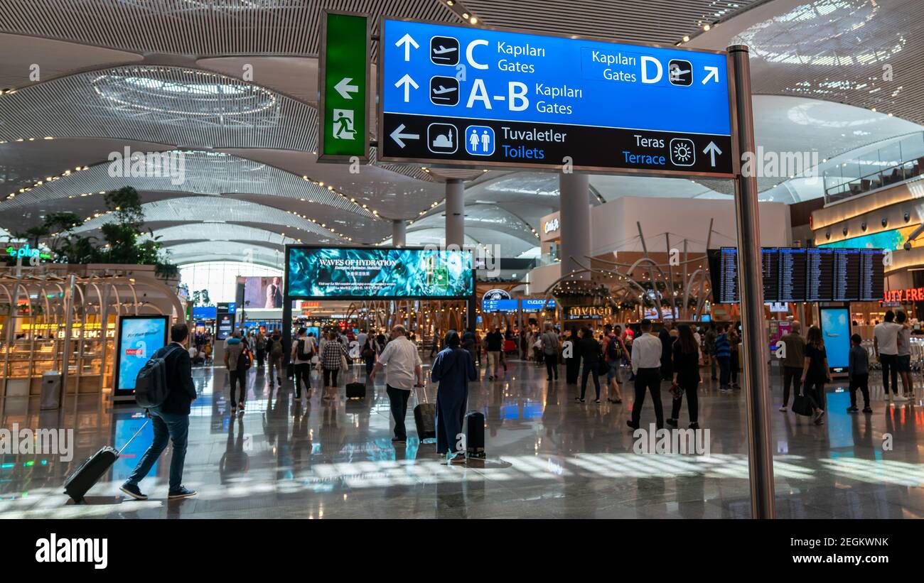 Istanbul, Turkey - July 2019: Flight gates directional signage in ...