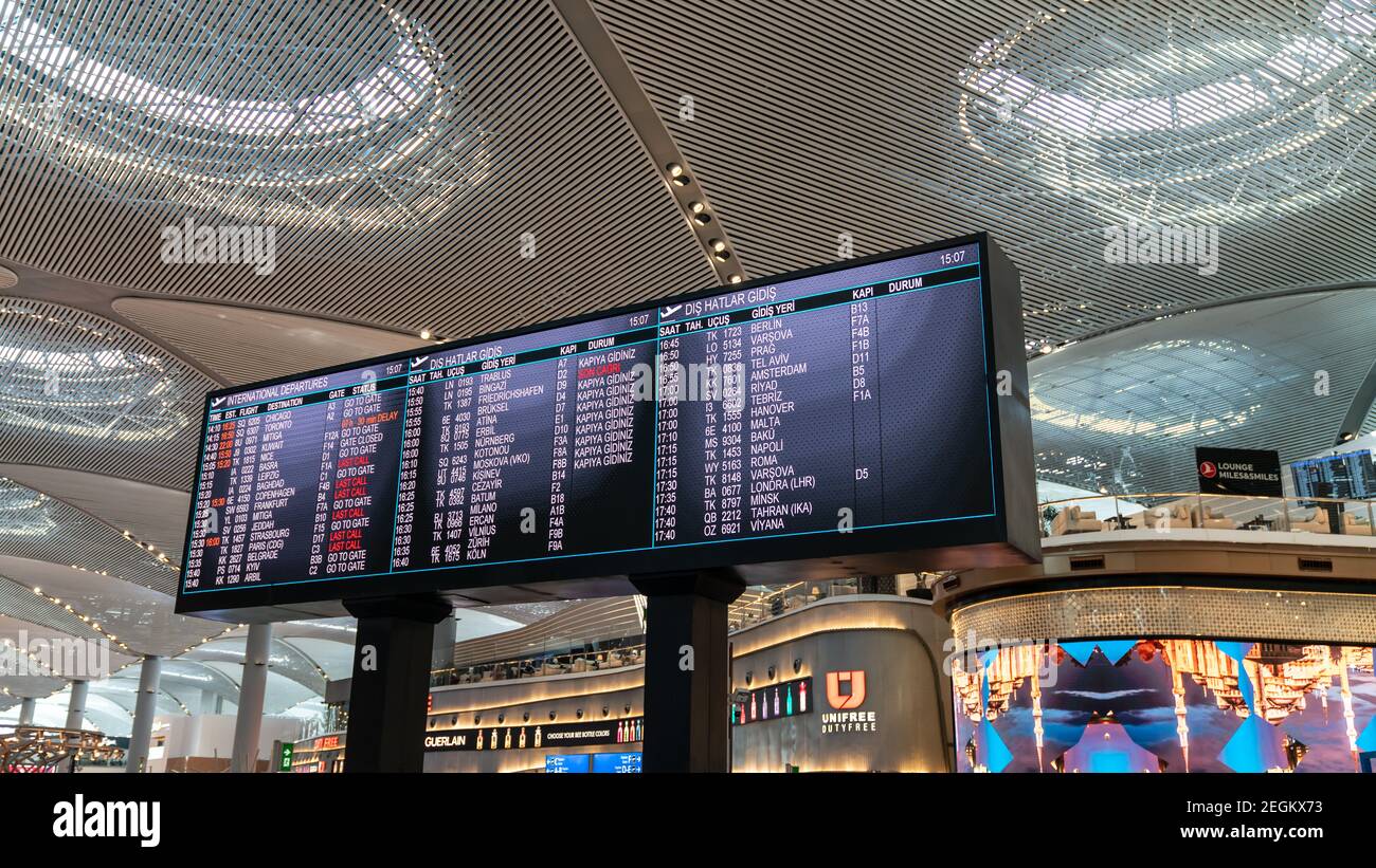 Istanbul, Turkey - July 2019: Flight information time table in new ...