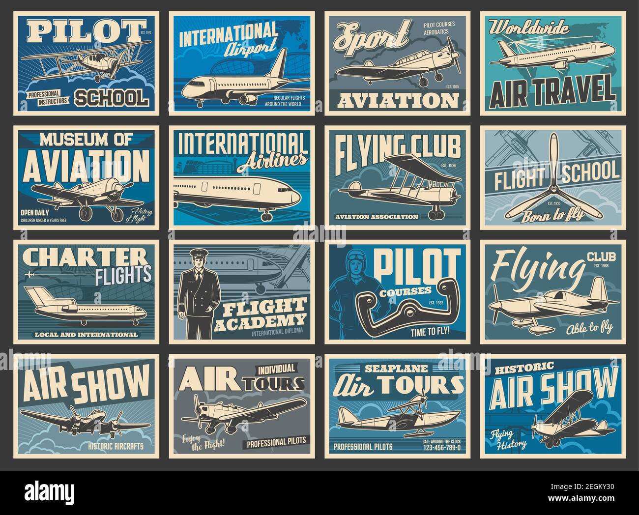 Planes, flying aircraft, flight aviation academy, vintage retro vector ...