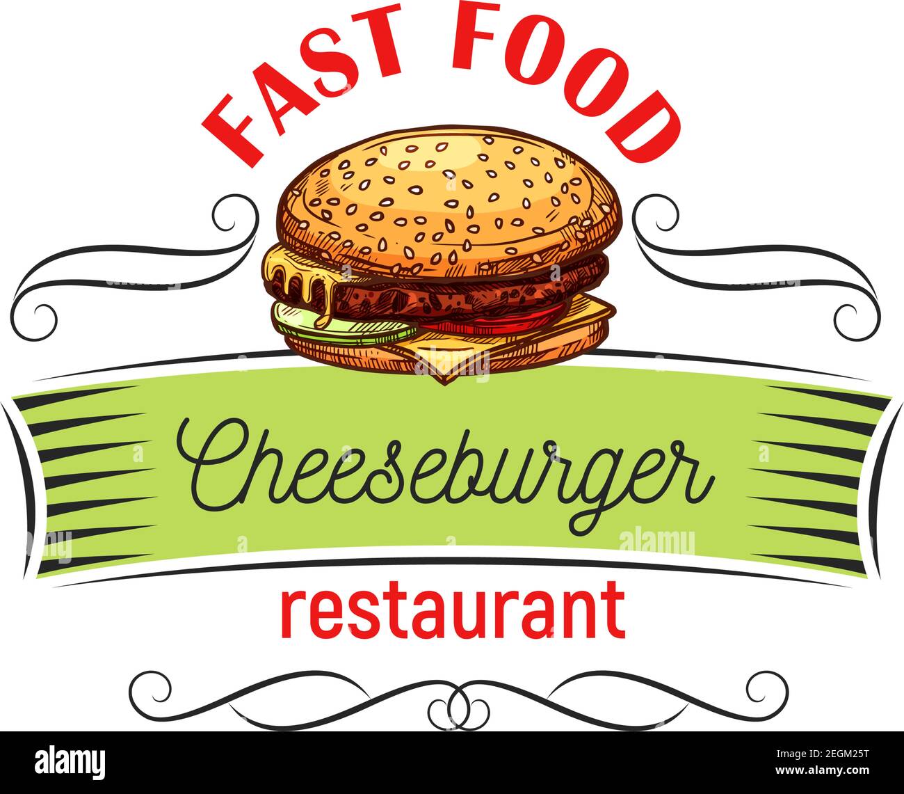 Appetizing cheeseburger for fast food design. Badge for burger cafe ...