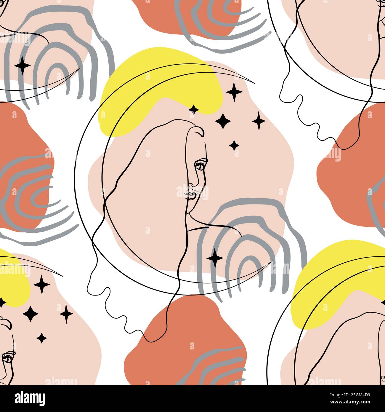 Seamless pattern with single line drawing of woman portrait with moon ...
