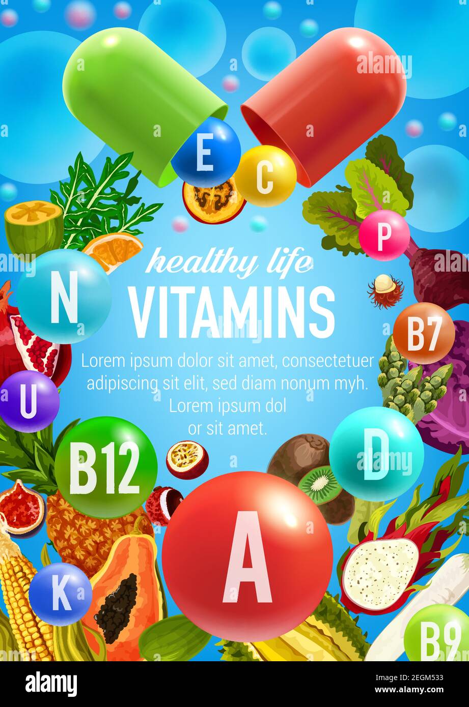 Vitamins of fruits and vegetables poster for healthy life or ...
