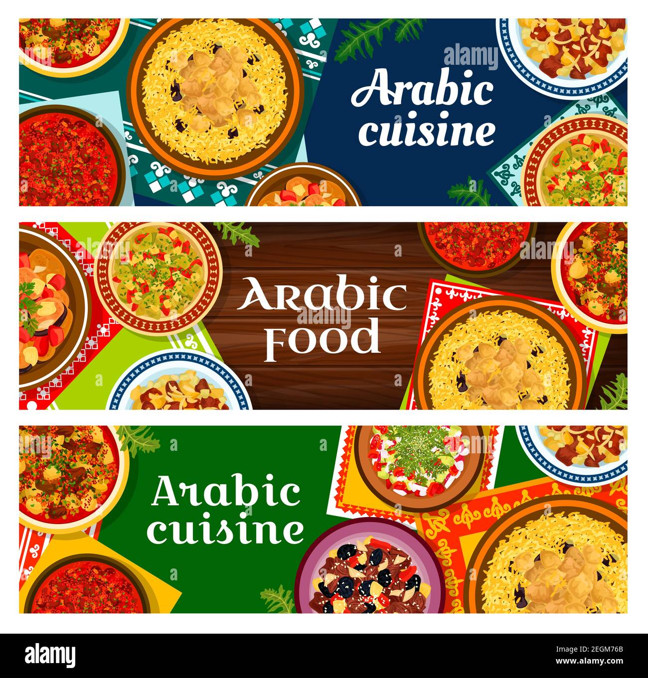 Arabic cuisine restaurant meals banners. Lamb meat with rice mansaf and ...