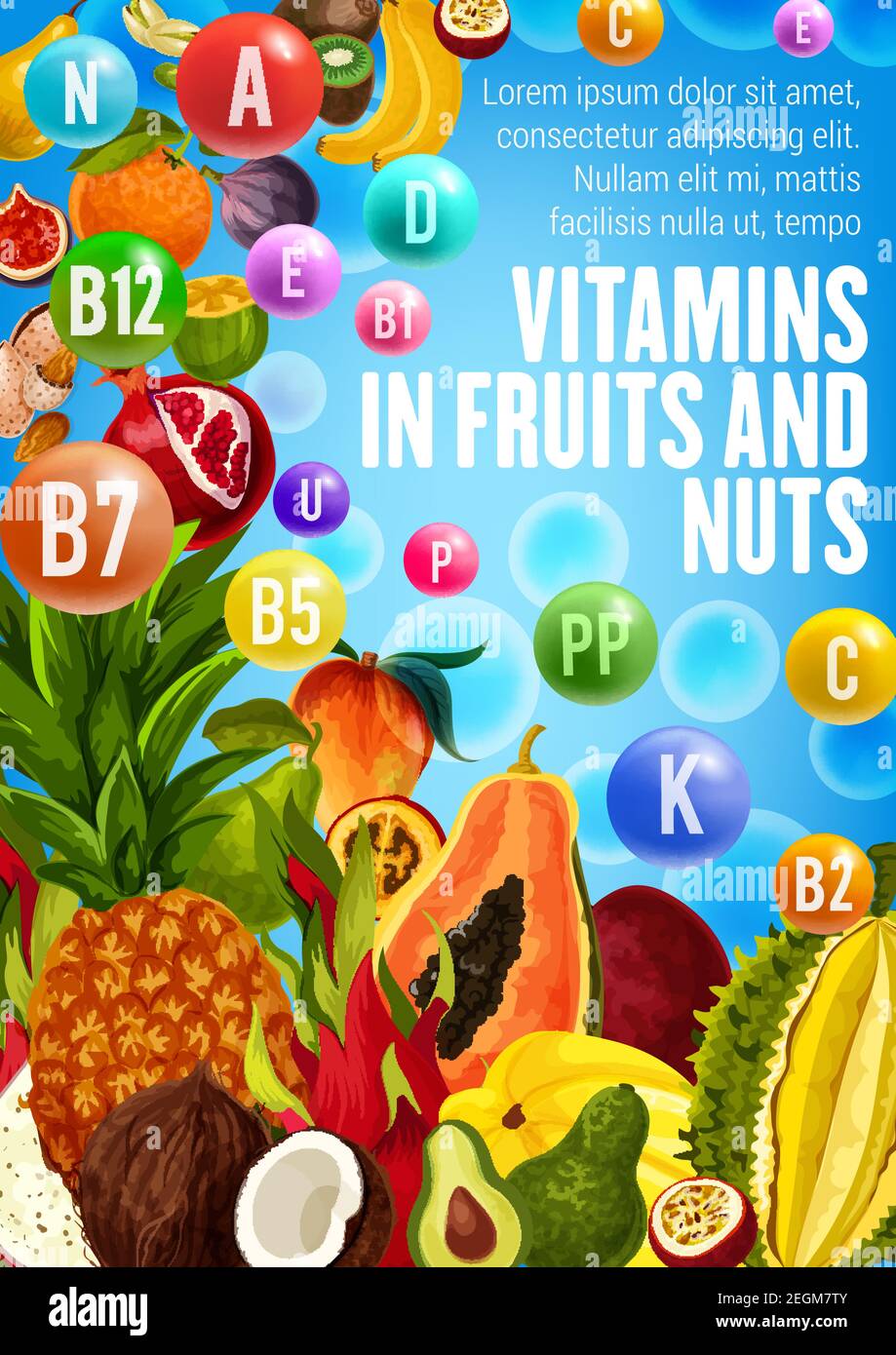 Vitamins in fruits and nuts poster for healthy nutrition food. Vector ...