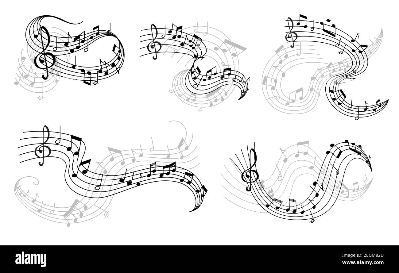 Music icons of musical staff or music stave notes and clef. Vector set ...