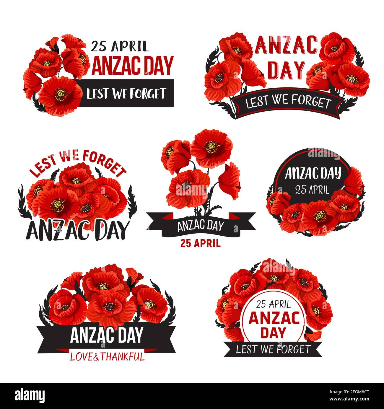 Anzac Day icons of red poppy flowers for 25 April Australian and New ...