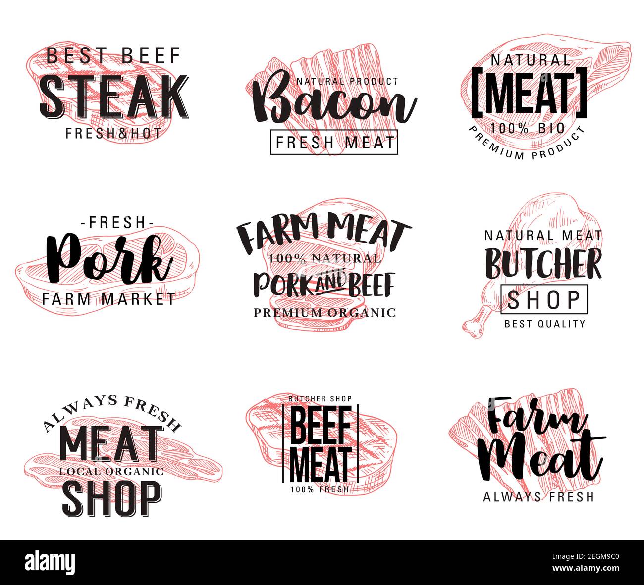 Meat and butcher shop products sketch lettering. Vector steak meat and ...