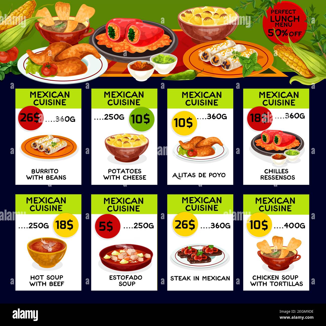 Mexican cuisine traditional food menu price cards. Vector lunch offer ...