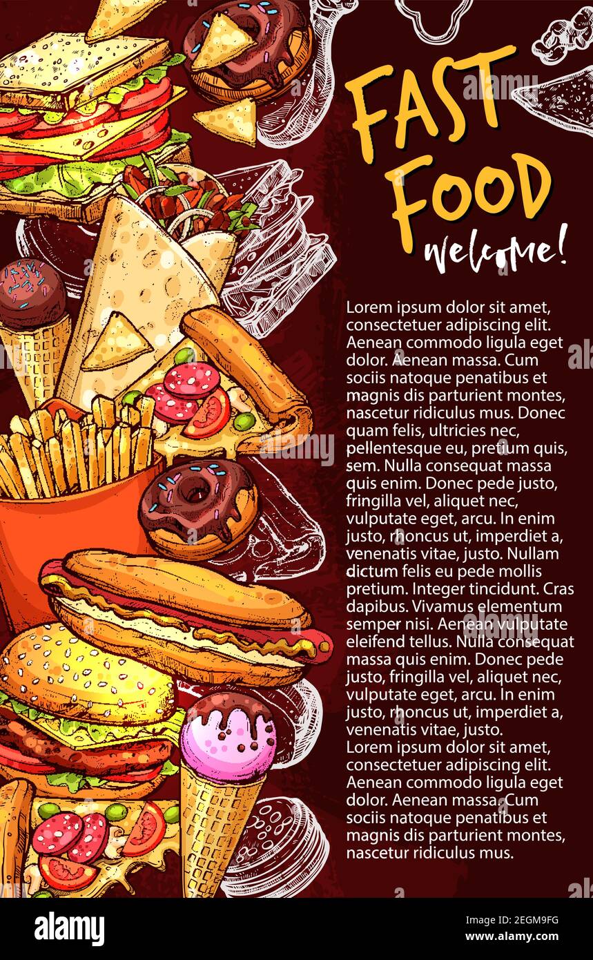 Fast food restaurant welcome banner with junk meal border. Hamburger ...