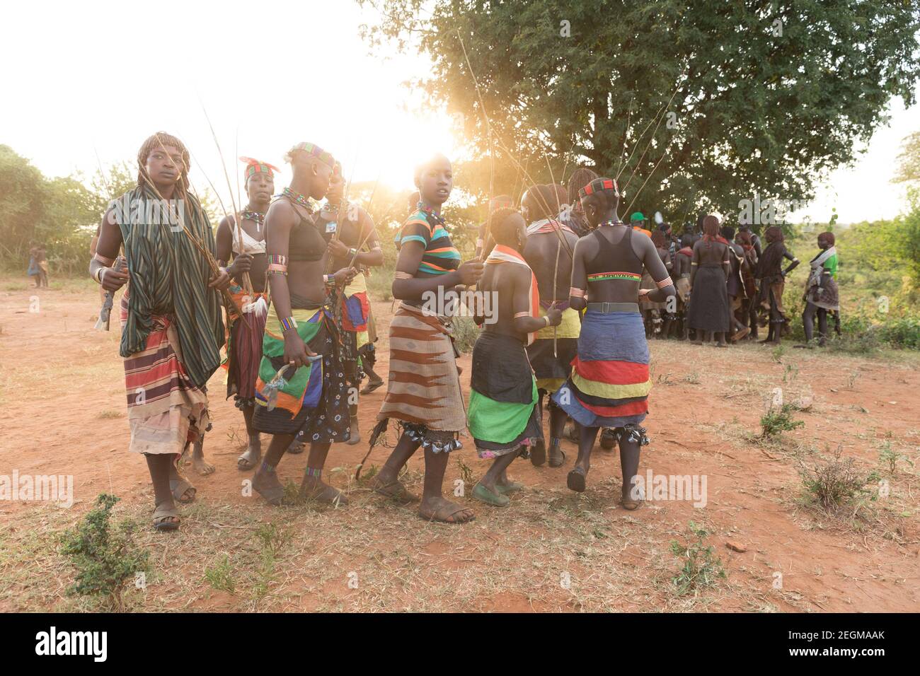 Women from the Banna tribe dancing before a bull jumping ceremony. The ...
