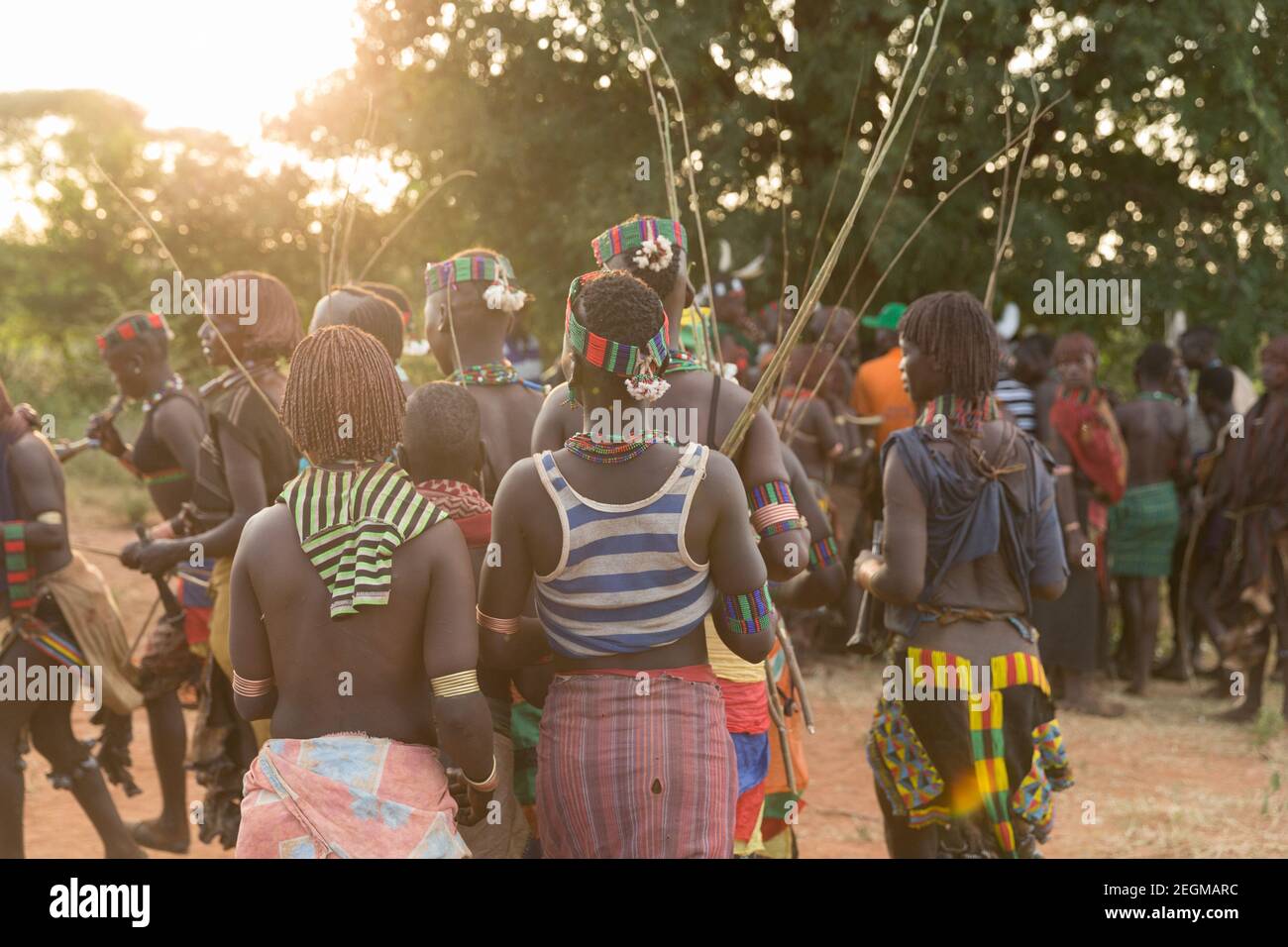 Women from the Banna tribe dancing before a bull jumping ceremony. The ...