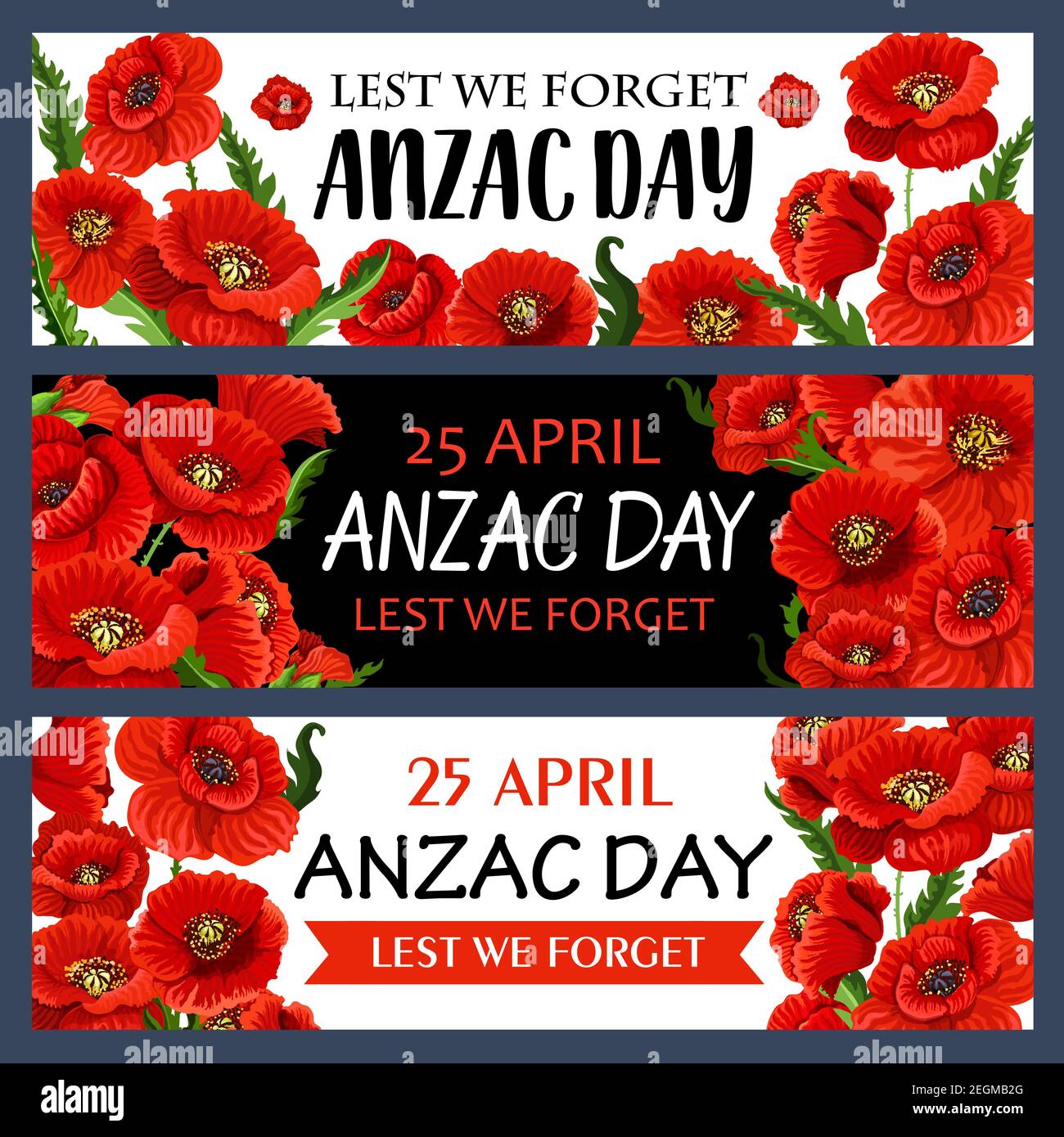 Anzac Day banners for Lest We Forget war commemorative day of Australia ...