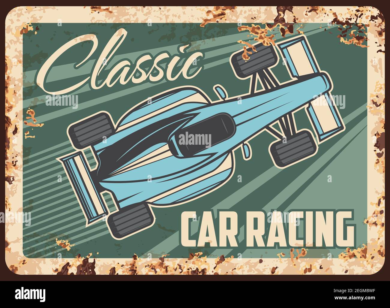 Car racing metal rusty plate, sport rally classic races, vector vintage ...