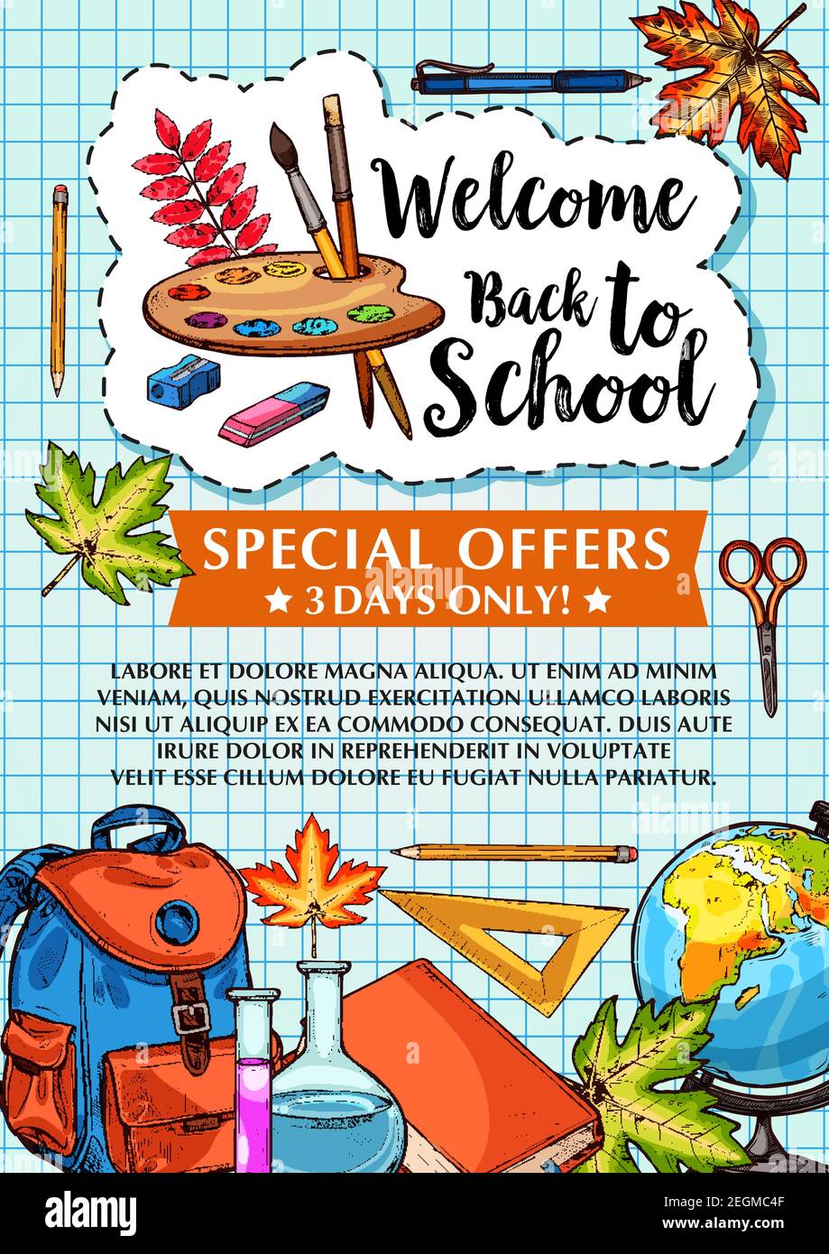Welcome Back to School sale poster on checkered copybook pattern ...