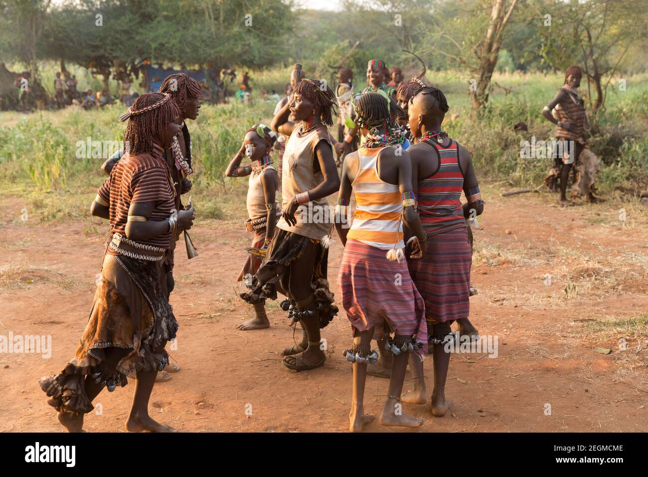 Women from the Banna tribe dancing before a bull jumping ceremony. The ...