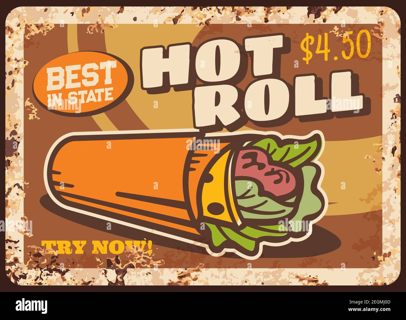 Hot roll rusty metal plate, vector doner kebab with salad and meat ...