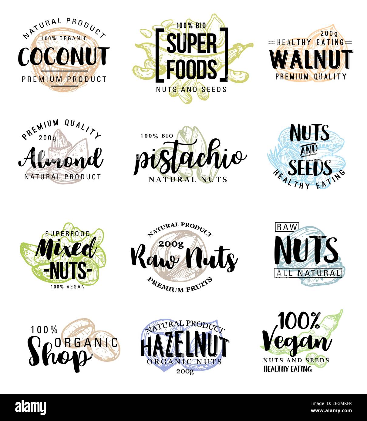Nuts and beans names lettering for super food and snacks product ...