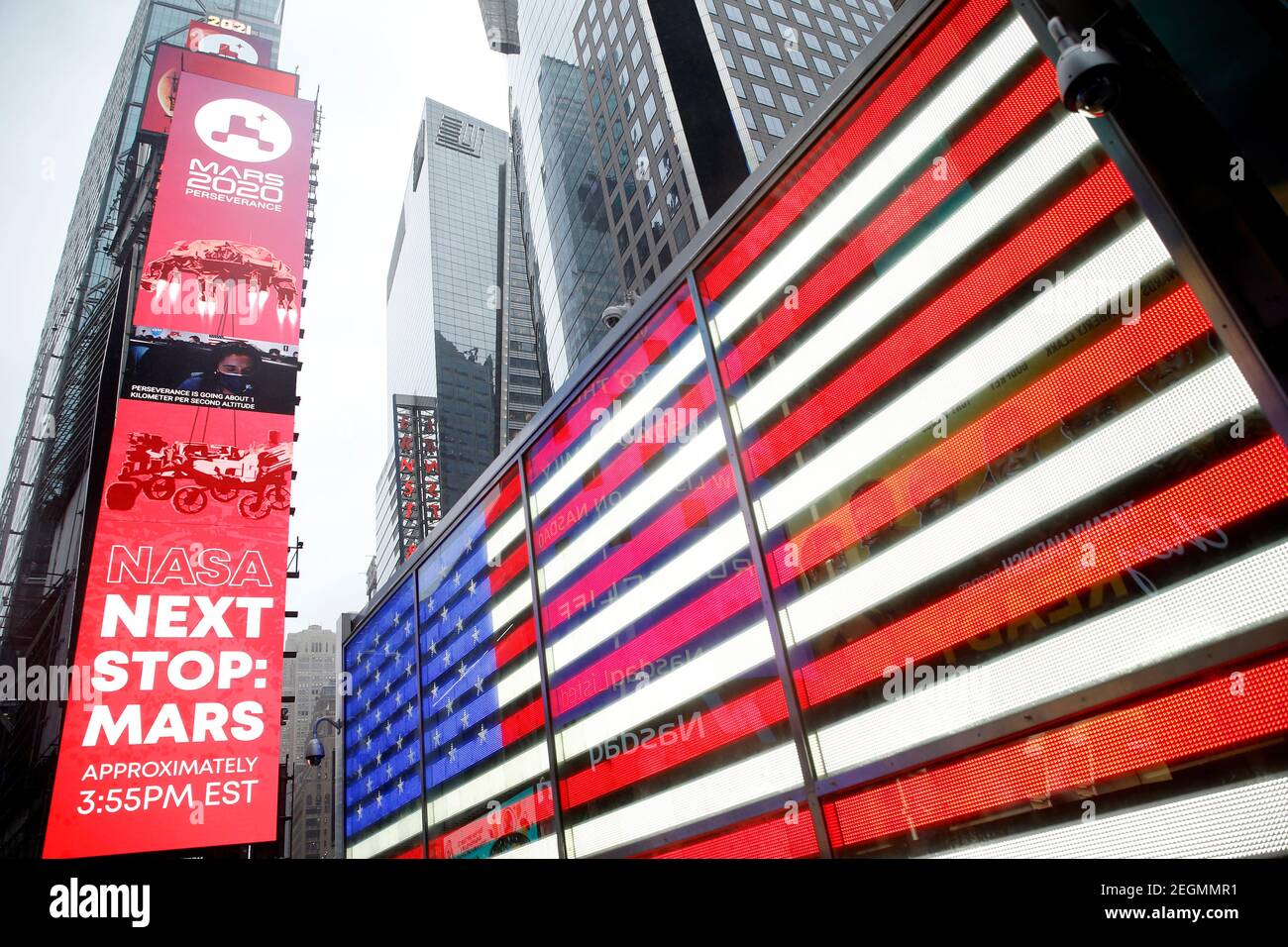 New York, USA. 18th Feb, 2021. Jumbotron in Times Square displays the ...