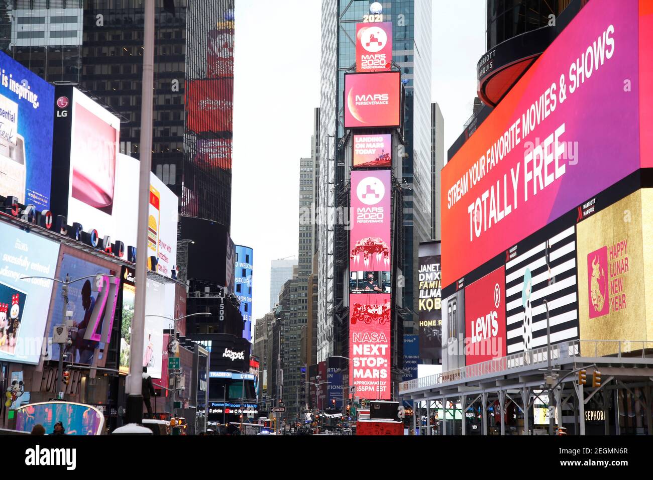 Jumbotron in Times Square displays the announcement of the landing of ...