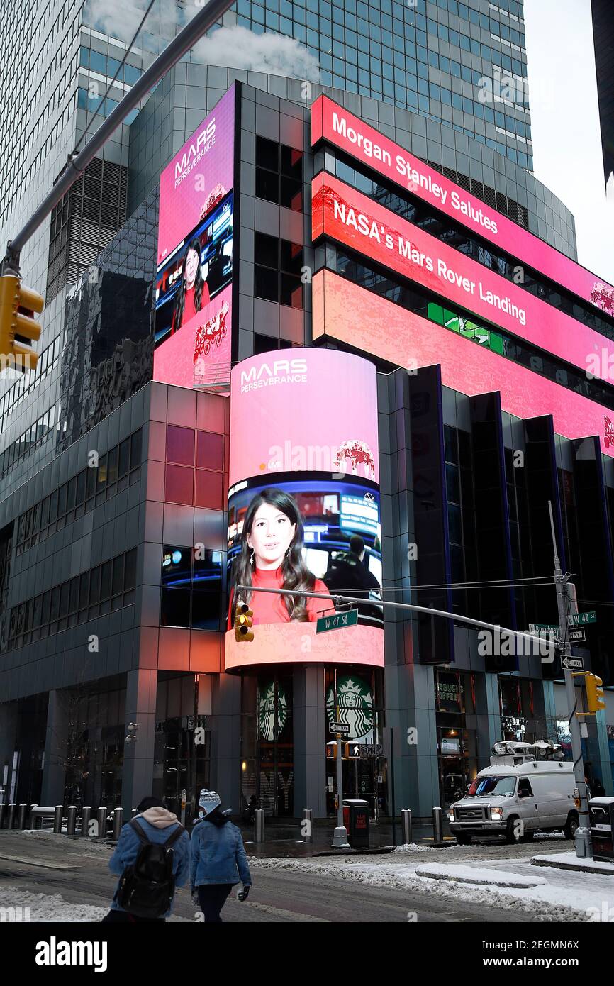 Morgan Stanley's marquis displays the announcement of the landing of ...