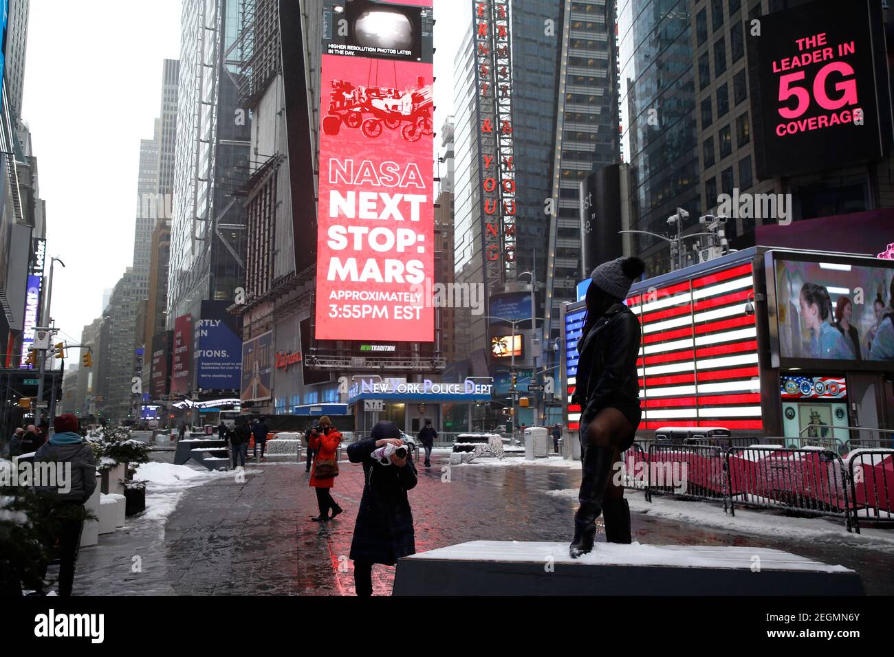 Jumbotron in Times Square displays the announcement of the landing of ...