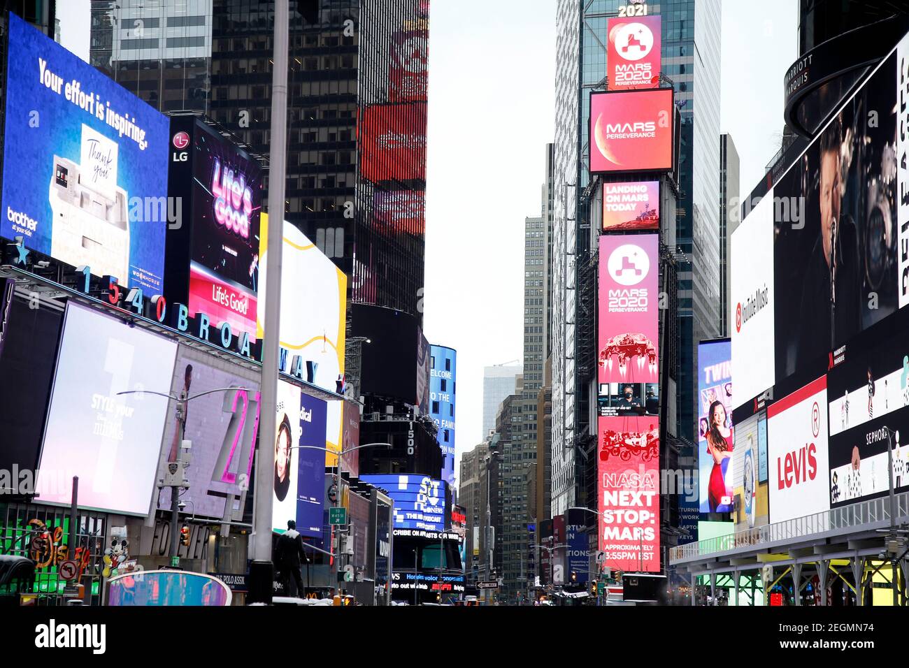 Jumbotron in Times Square displays the announcement of the landing of ...